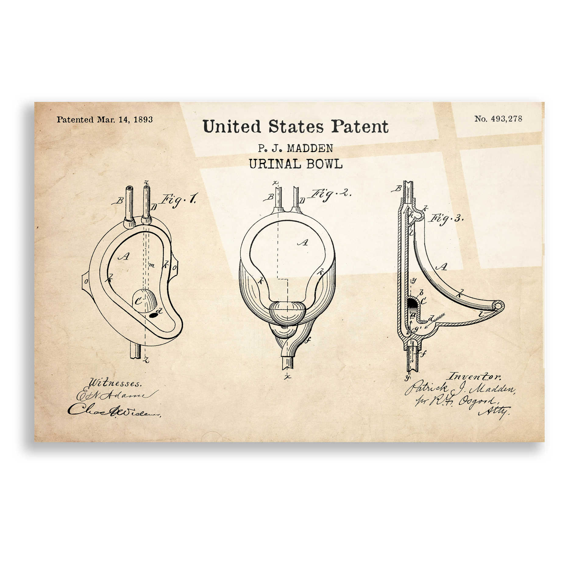 Epic Art 'Urinal Blueprint Patent Parchment,' Acrylic Glass Wall Art ...